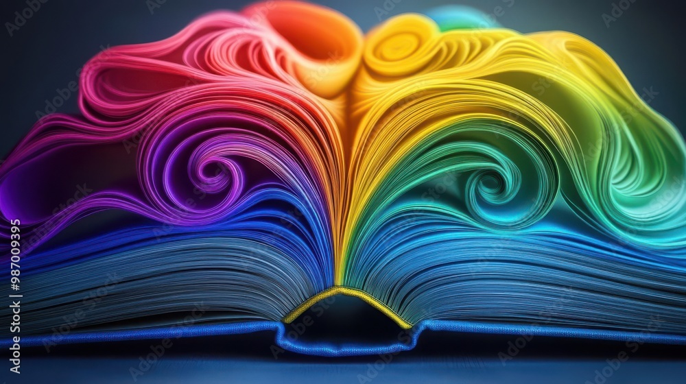 Create a vibrant, swirling rainbow vortex bursting from an open book ...