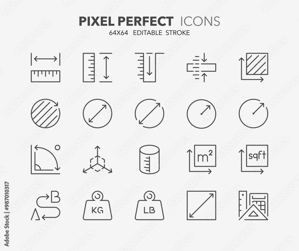 Line icons about length, weight and volume. Contains such icons as ...