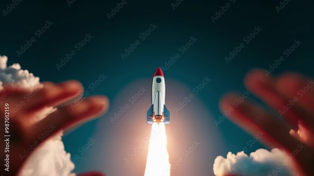 Rocket taking off sky and human hands. Spacecraft launch. Futuristic ...