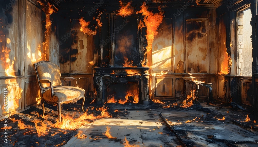Haunting remnants of a once-grand room consumed by fire, showcasing ...