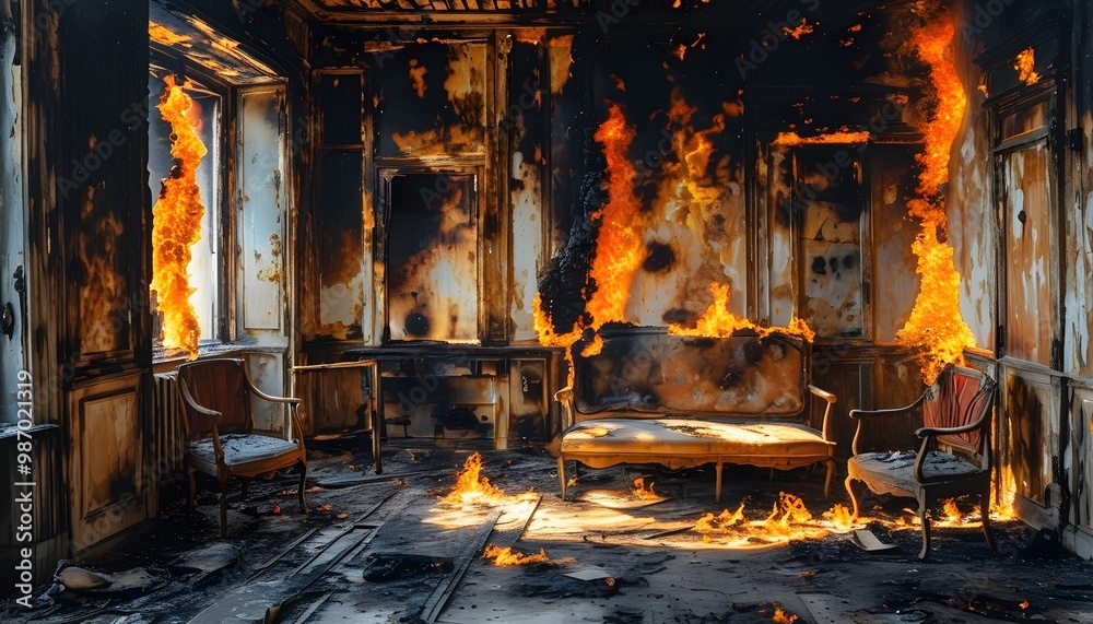 Haunting remnants of a once-grand room consumed by fire, showcasing ...