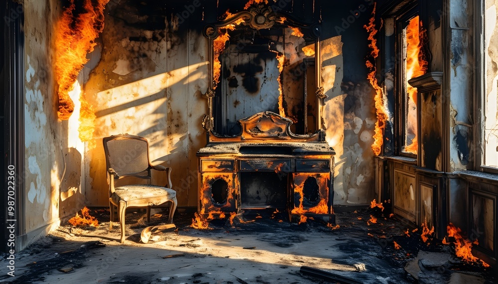 Haunting remnants of a once-grand room consumed by fire, showcasing ...