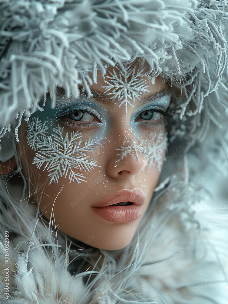Portrait of an ice queen, striking olive green makeup with snowflake ...