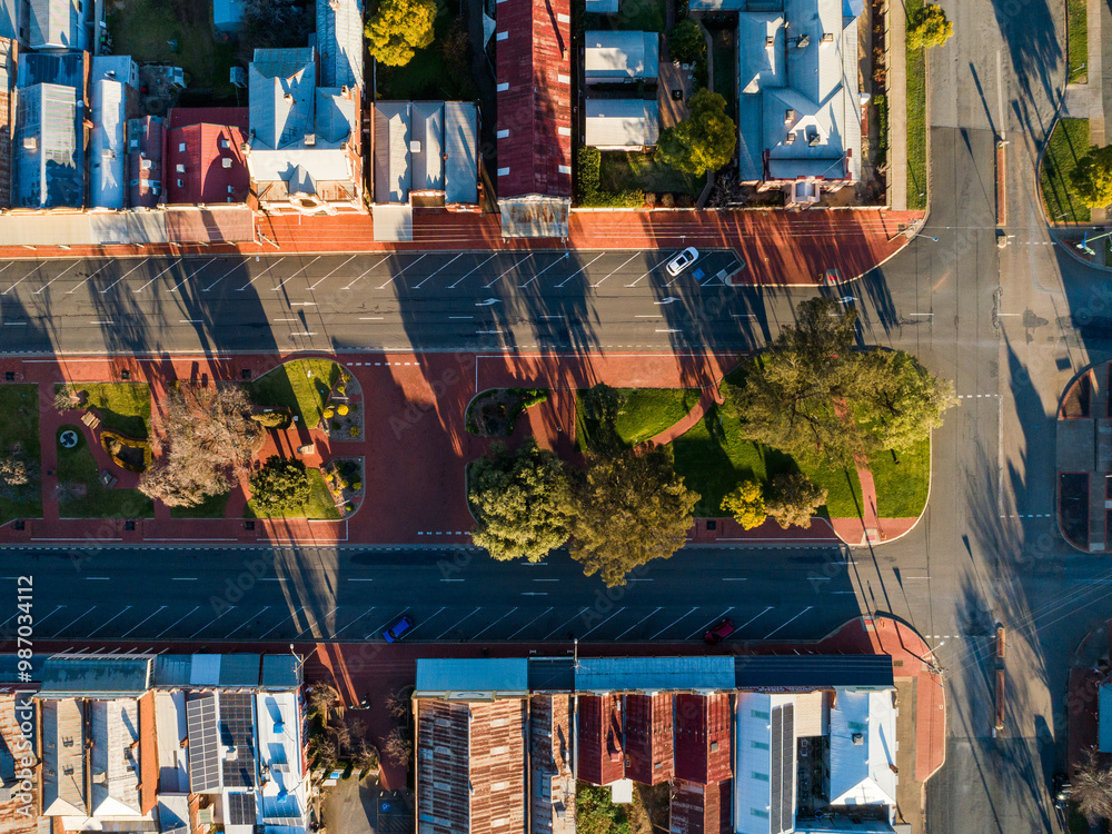 Top down overhead view of main street and shop buildings in country ...
