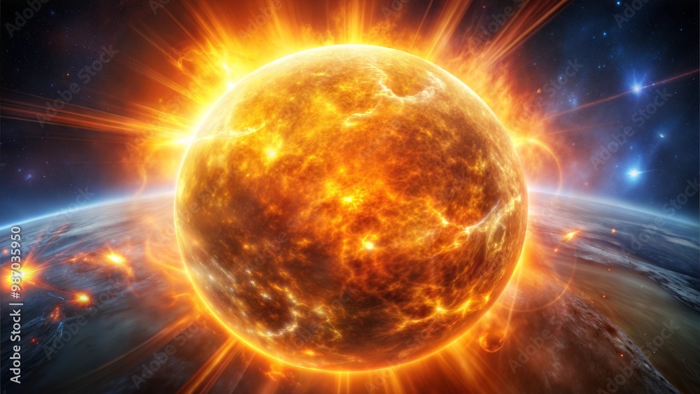 Dramatic solar flare bursting from the sun in space with planet ...