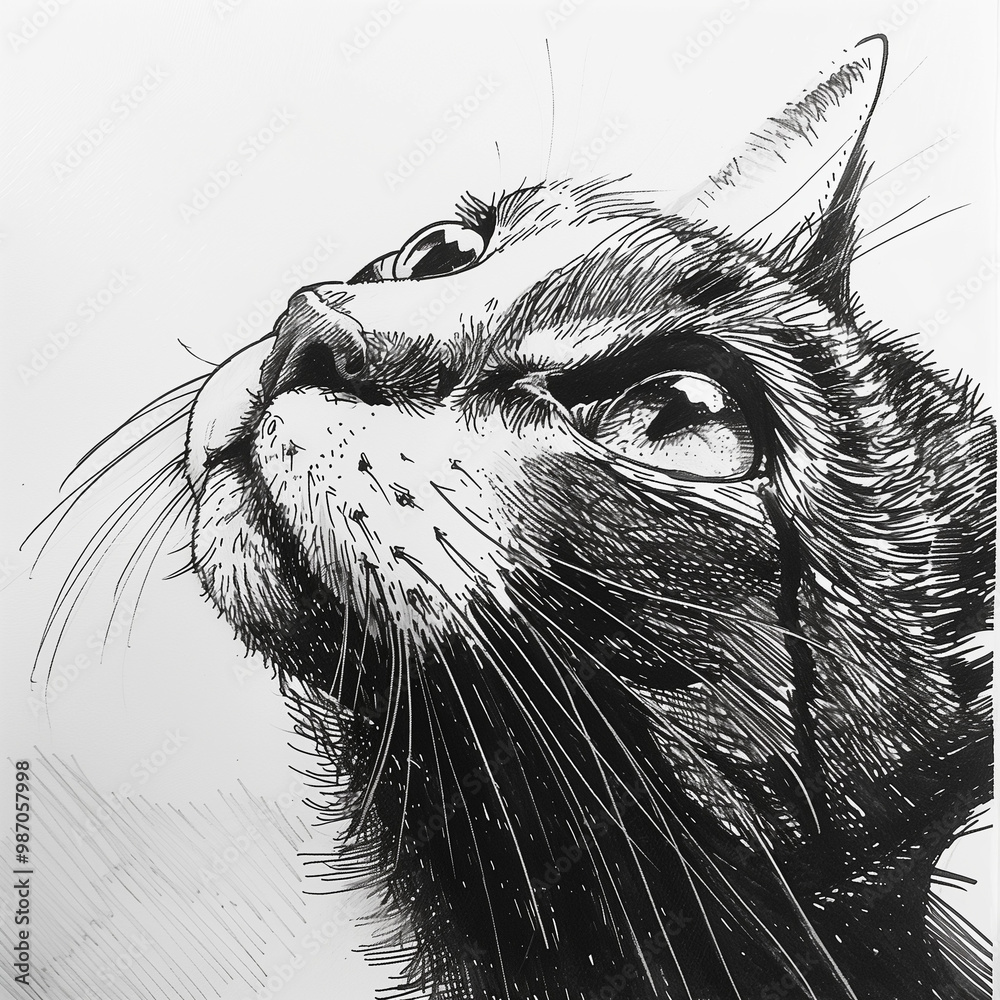 Pen and ink cat drawing, side view of a curious gaze in black and white ...