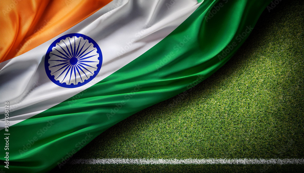 waving India flag, on top of football field background, India soccer ...