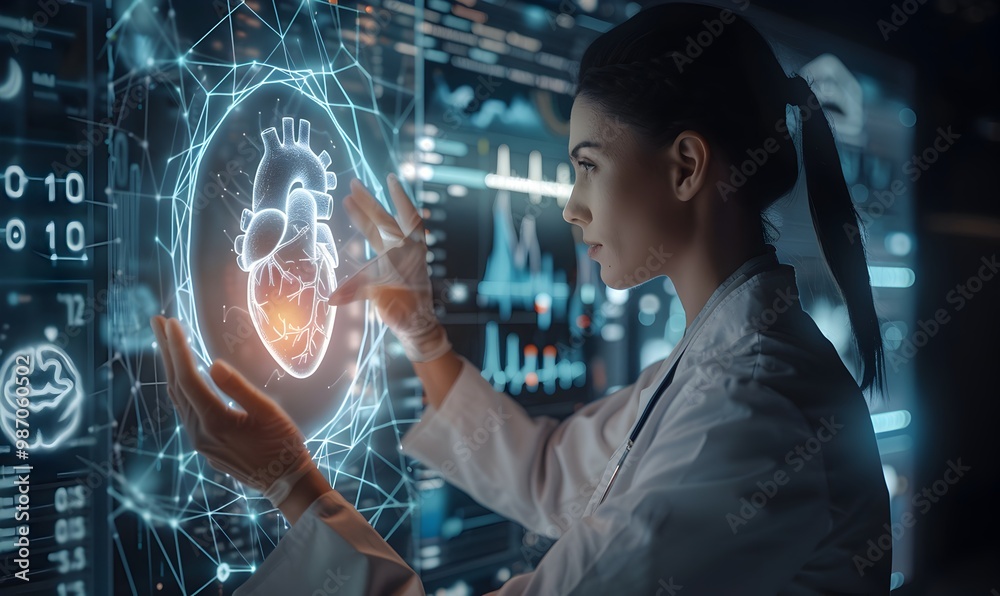 Female doctor touching a digital health icon with a hologram of a human ...