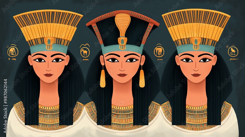 Three elegant depictions of an ancient Egyptian queen, showcasing ...
