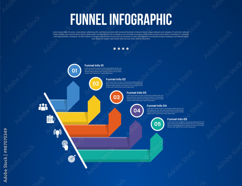 funnel infographic with flipped ribbon arrow top direction with 5 point ...