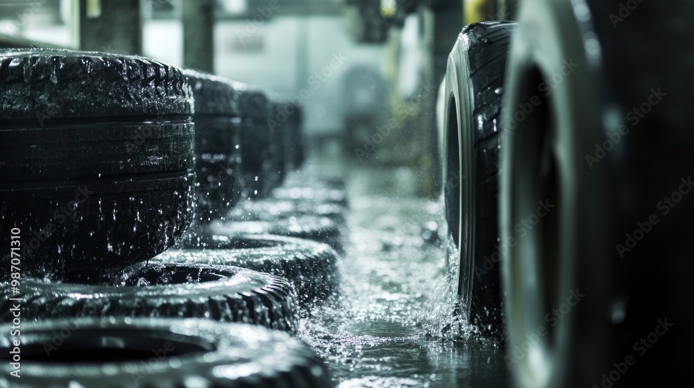 Retreading process of car tires, showing the addition of new treads to ...