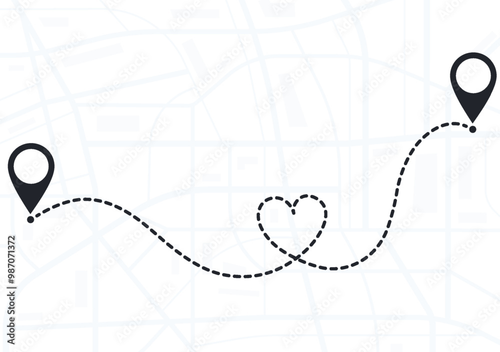 Route map with navigation pins. Street map with markers between two ...