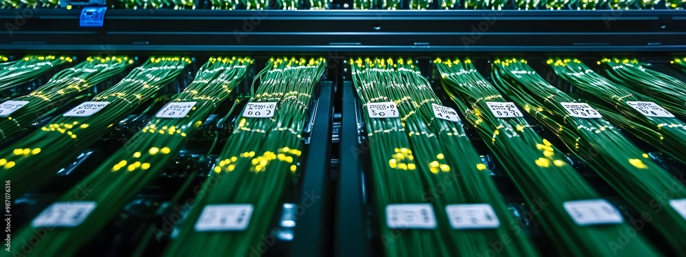 A close-up of the green, flat, horizontal fiber optic cables laid out ...