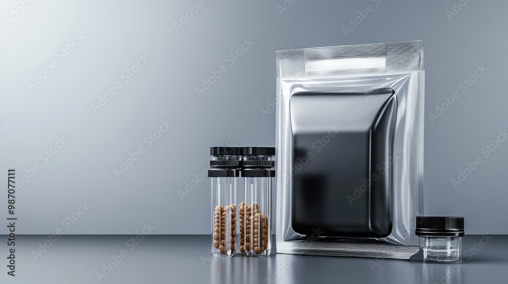 Modern packaging display featuring a sealed pouch, two containers, and ...