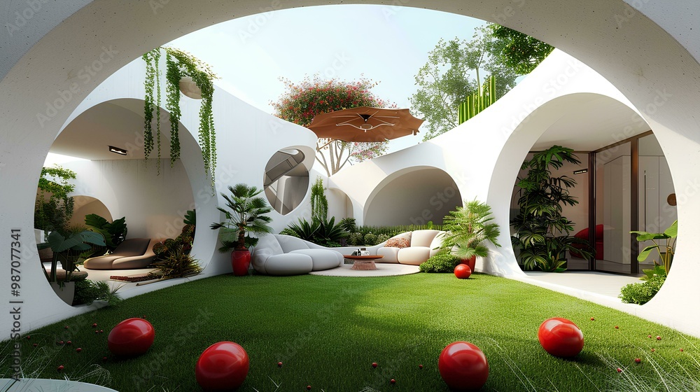 modern small courtyard, lawn in the center with an area for seating ...