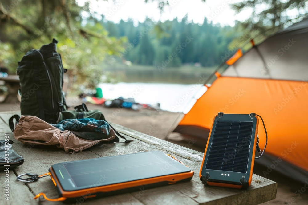 Camping setup by a lakeside with solar-powered devices and a tent ...