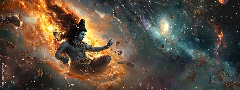 Majestic cosmic scene depicting Lord Shiva the Hindu deity wielding his ...