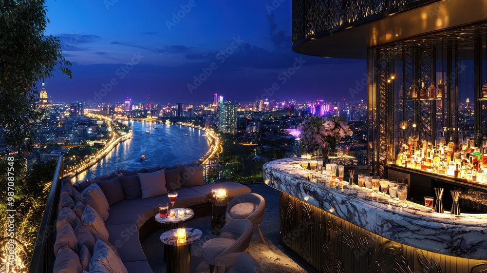 Luxurious rooftop bar with stunning city skyline at night, featuring a ...