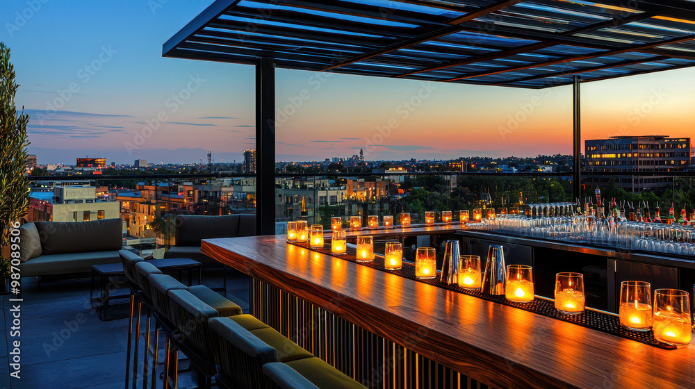 Rooftop bar at sunset with glowing candles illuminating the wooden ...