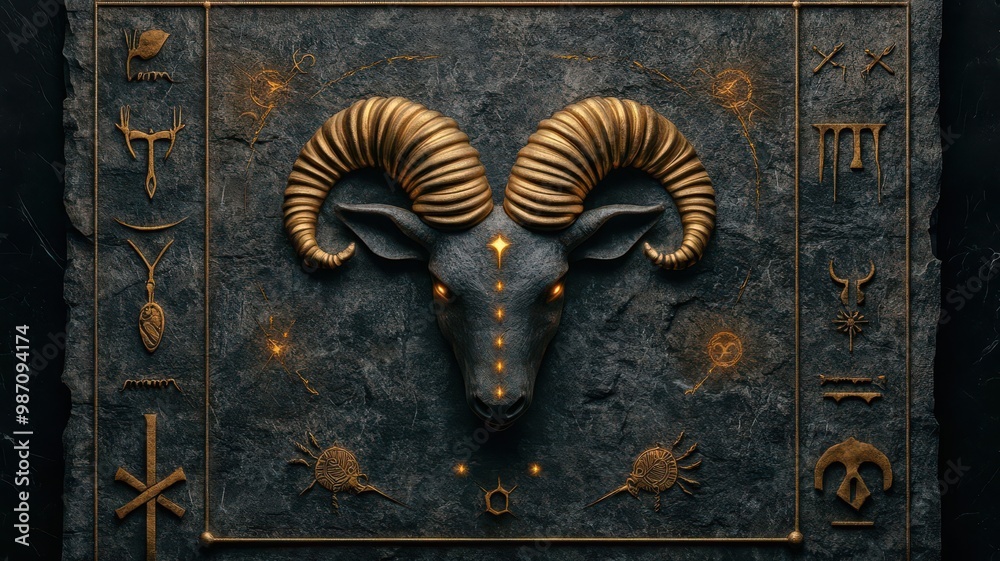 Capricorn symbol etched into a stone tablet, mystical lighting and ...