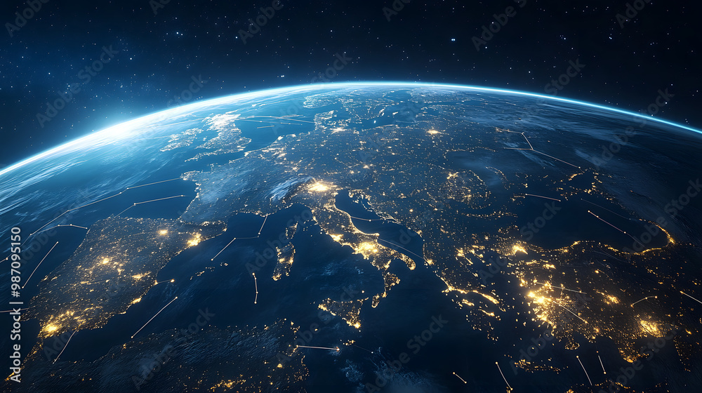 Digital world map planet Earth space global globe sky space 5G wireless ...
