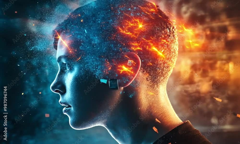 A surreal profile of a person with a vibrant, exploding head of digital ...