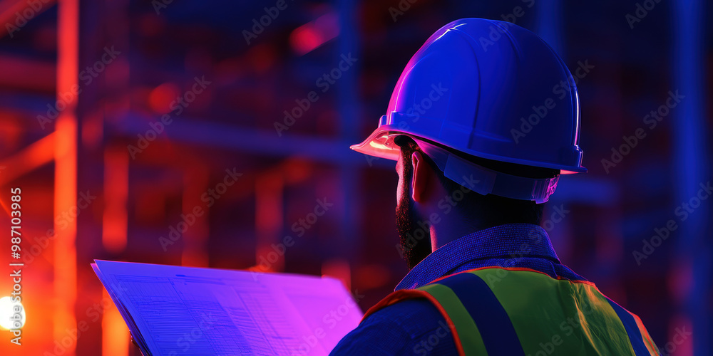 A construction worker in a safety helmet and reflective vest studies ...
