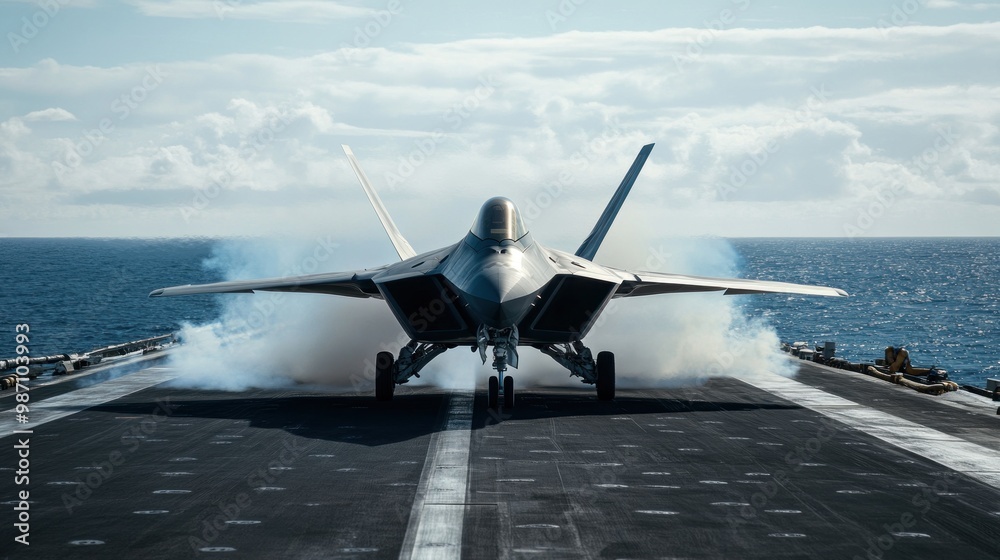 F-22 Raptor fighter jet accelerating during takeoff on an aircraft ...