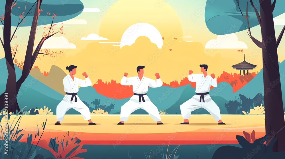 Three martial artists practice karate under a vibrant sunset ...