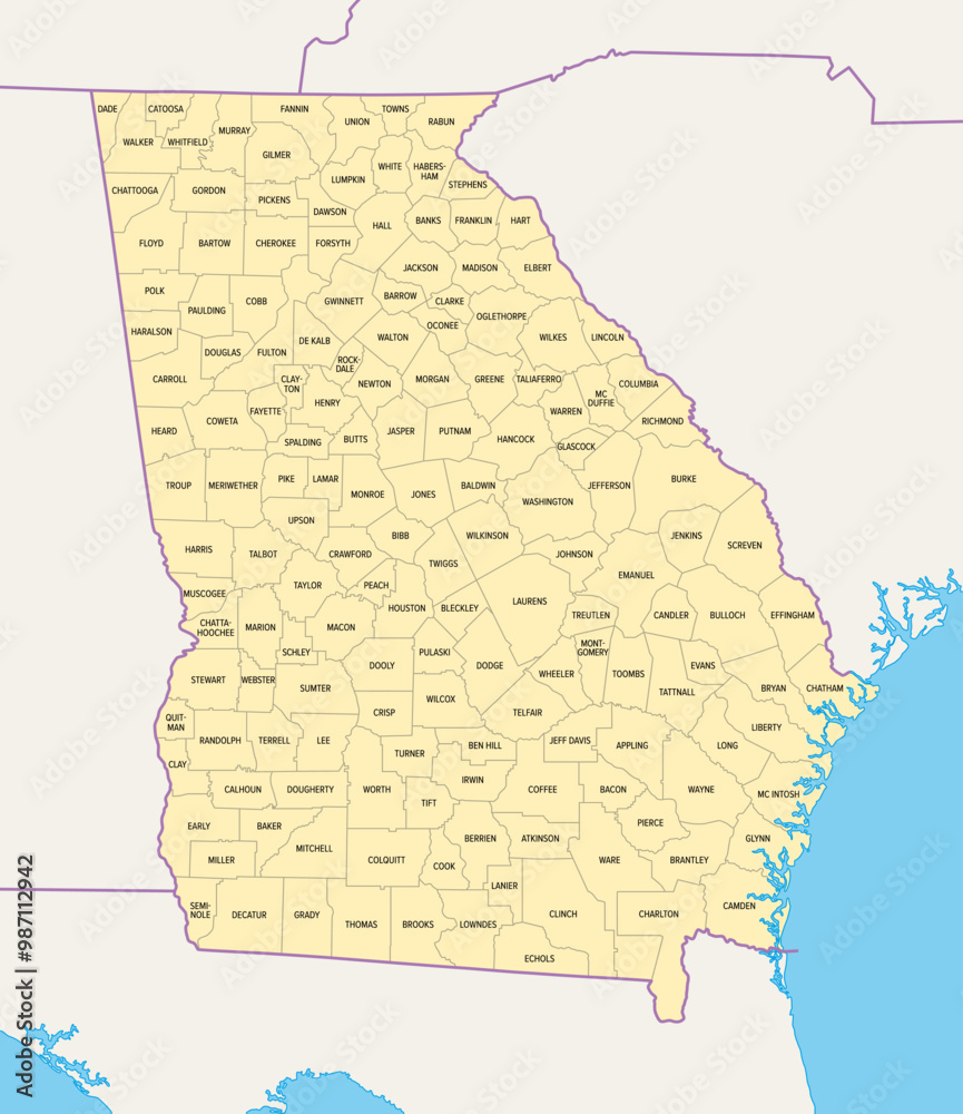 Georgia counties, political map. State in the Southeastern region of ...