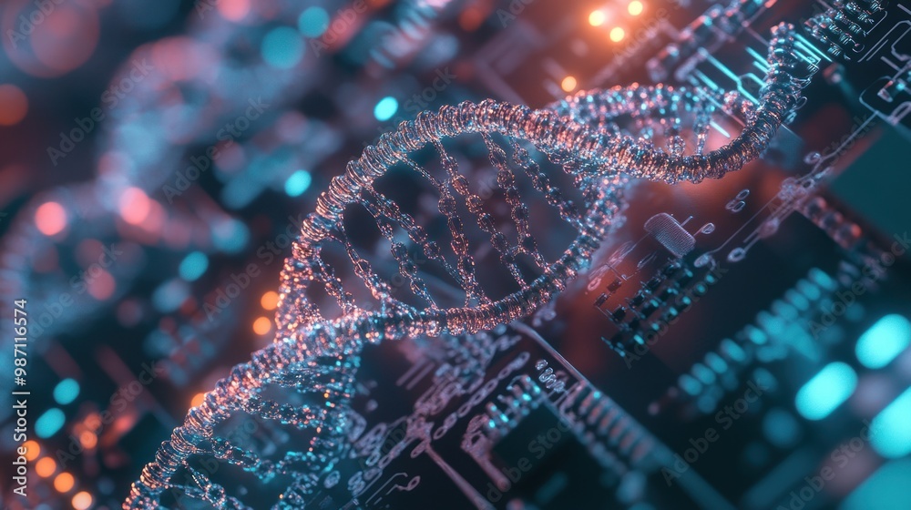 DNA transformed into a digital circuit board, with glowing pathways ...