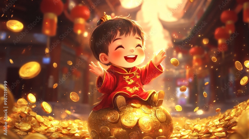 A cute little Chinese boy dressed in red sat on the back of the gold ...