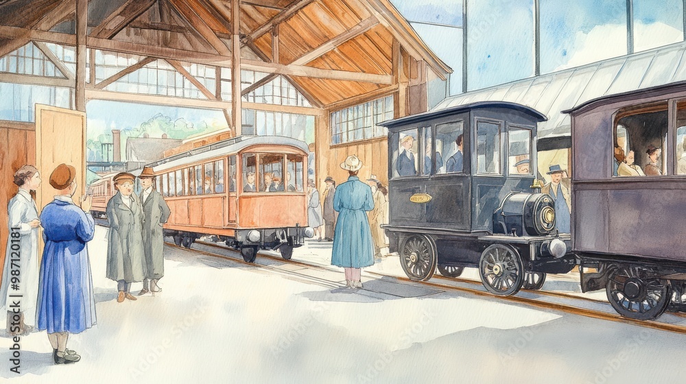Vintage scene of a train station with two distinct trains and ...