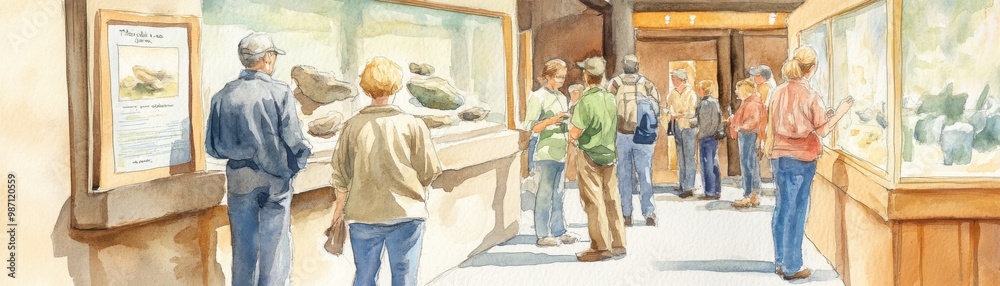 Visitors explore a natural history museum, viewing exhibits and ...