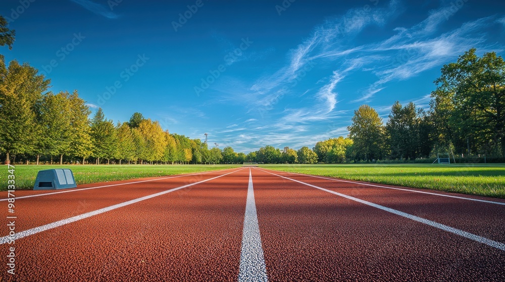 pristine running track under a clear blue sky. The track stretches out ...