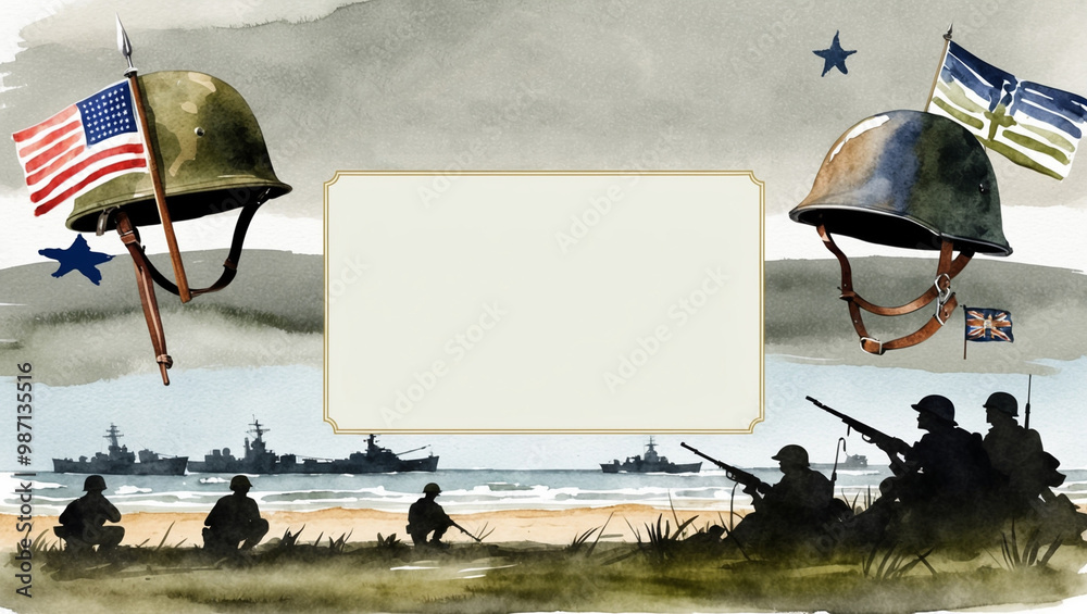 This powerful D-Day watercolor background features military helmets ...