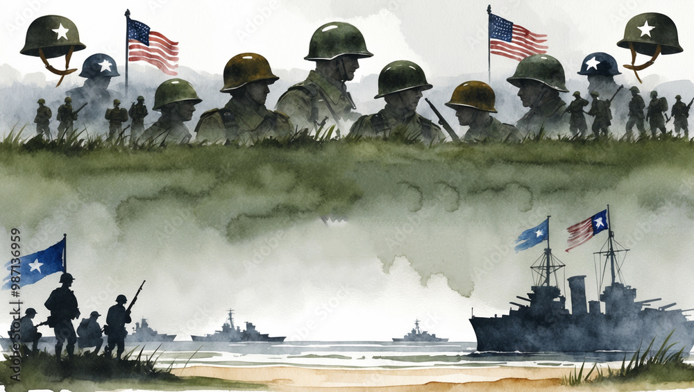 This powerful D-Day watercolor background features military helmets ...