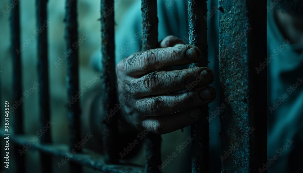 Close-up of a dirty hand gripping rusty jail bars in a dark prison cell ...