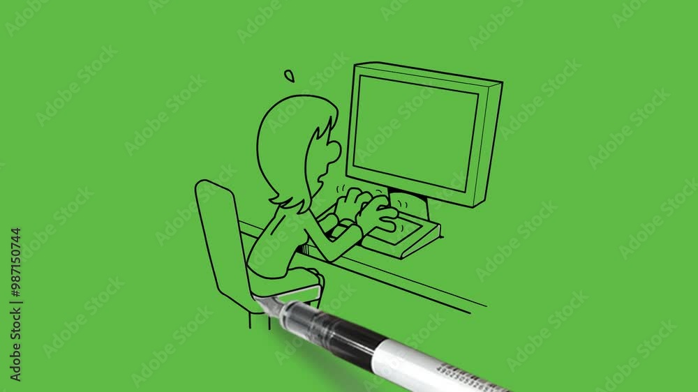 draw backside of young girl sit on chair do work on computer place on ...