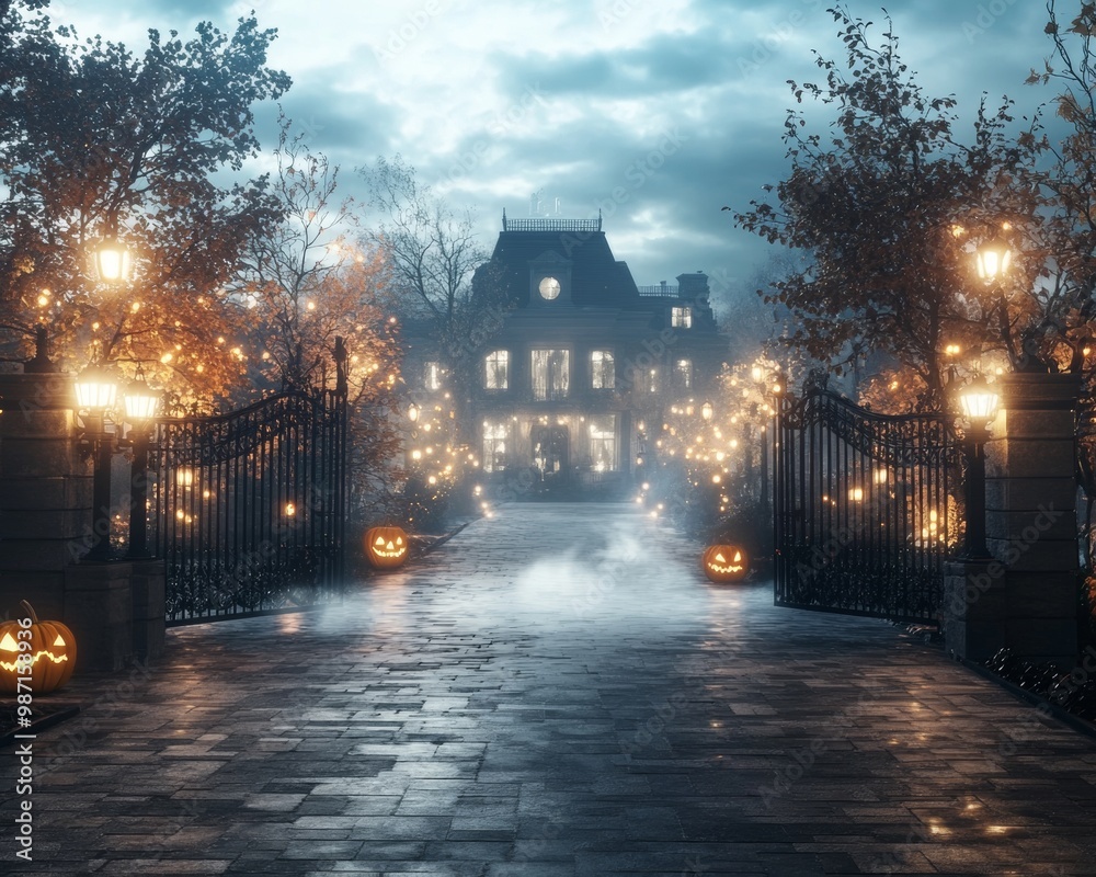 Gothic haunted house entrance with iron gates jack-o-lantern lanterns ...