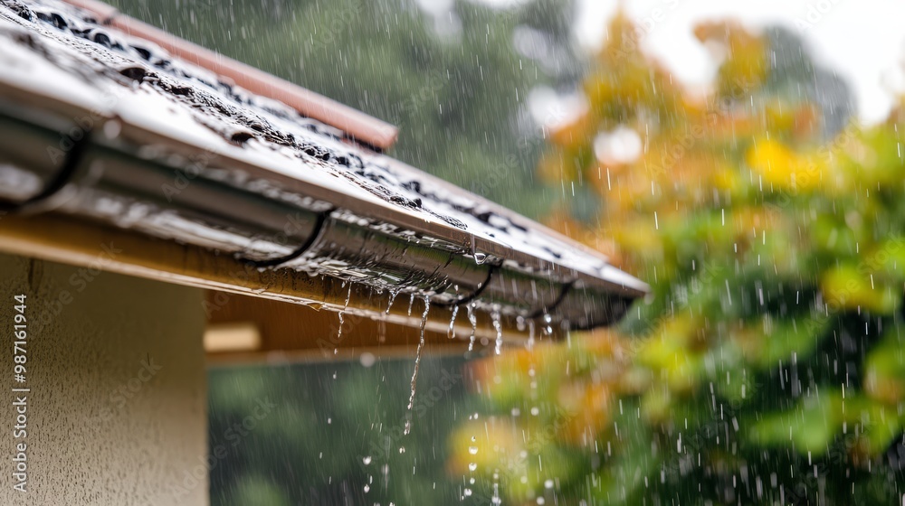 Rain falling on a roof gutter, with water overflowing and dripping down ...