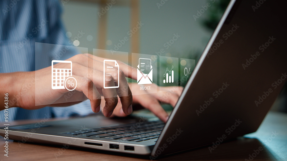 E-invoice and online digital statements concept. Businessman using ...
