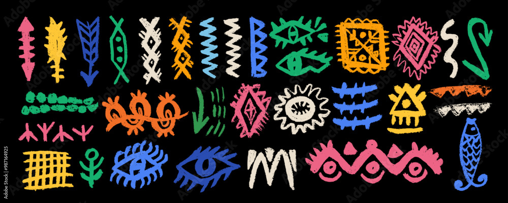 Collection with ethnic aztec sign maya, hand drawn charcoal. Abstract ...