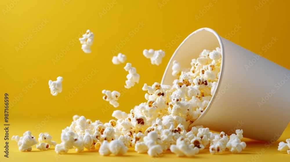 Tipped over popcorn bucket with popcorn spilling out against a vibrant ...