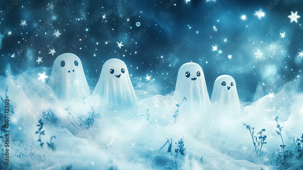 Four charming ghostly figures play amid swirling mist, illuminated by a ...