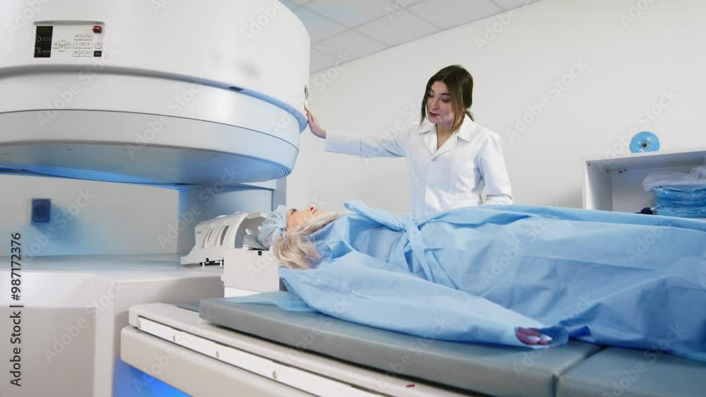 The doctor activates the MRI equipment, elevating the patient into the ...