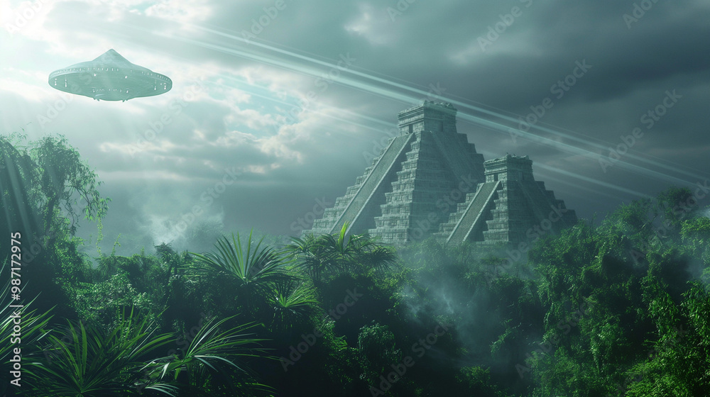 Realistic Photo of Mayan pyramids in the jungle. There is one UFO in ...
