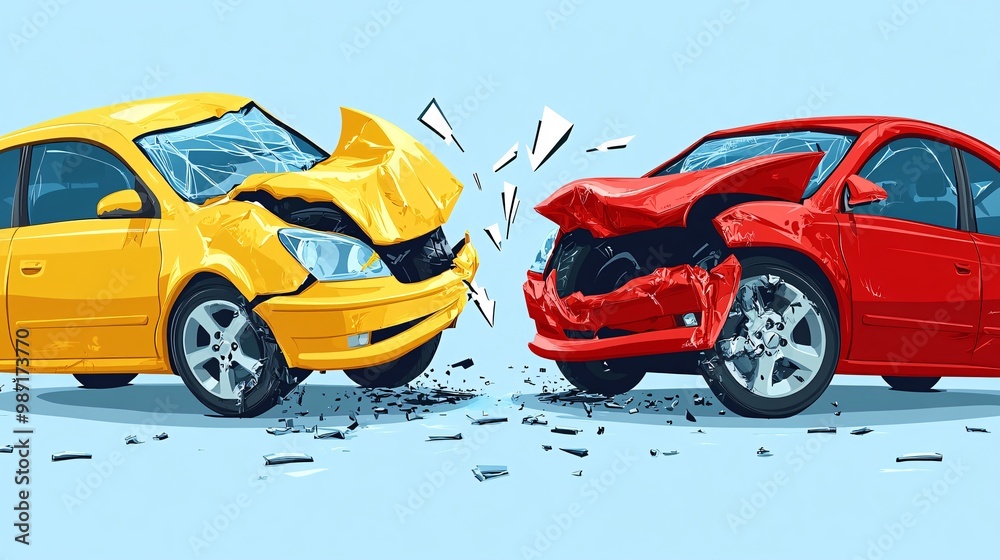 Minimalist illustration of two eco-cars damaged from a minor crash with ...