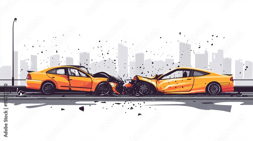 Digital vector art showing two cars in a small accident with simplified ...