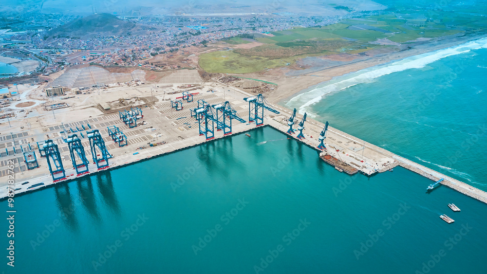 Aerial view of Chancay Mega seaport. Located in Peru, under ...